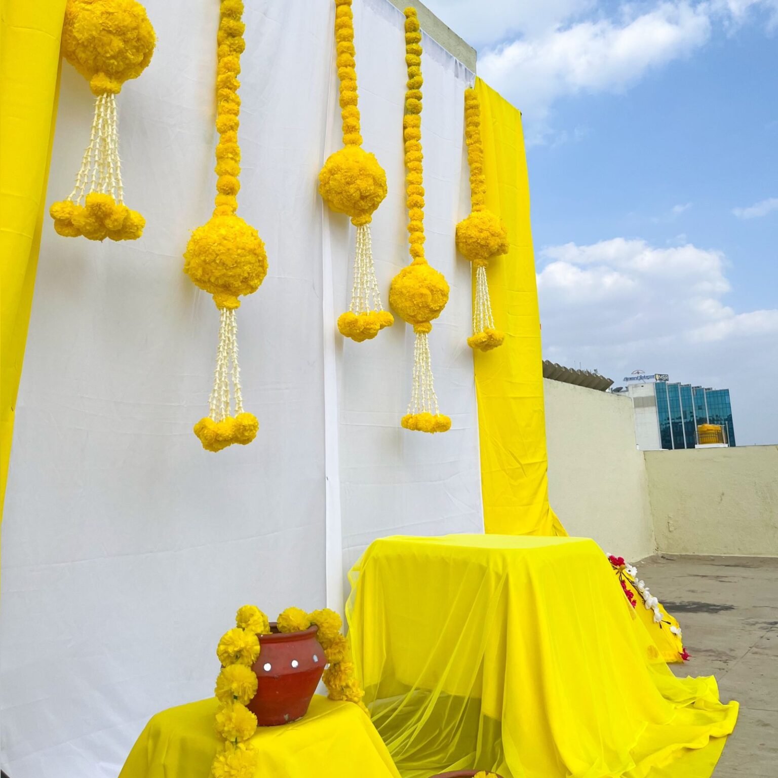 Artificial Marigold Floral Ball Hangings Backdrop Set - Band Baja Weddings