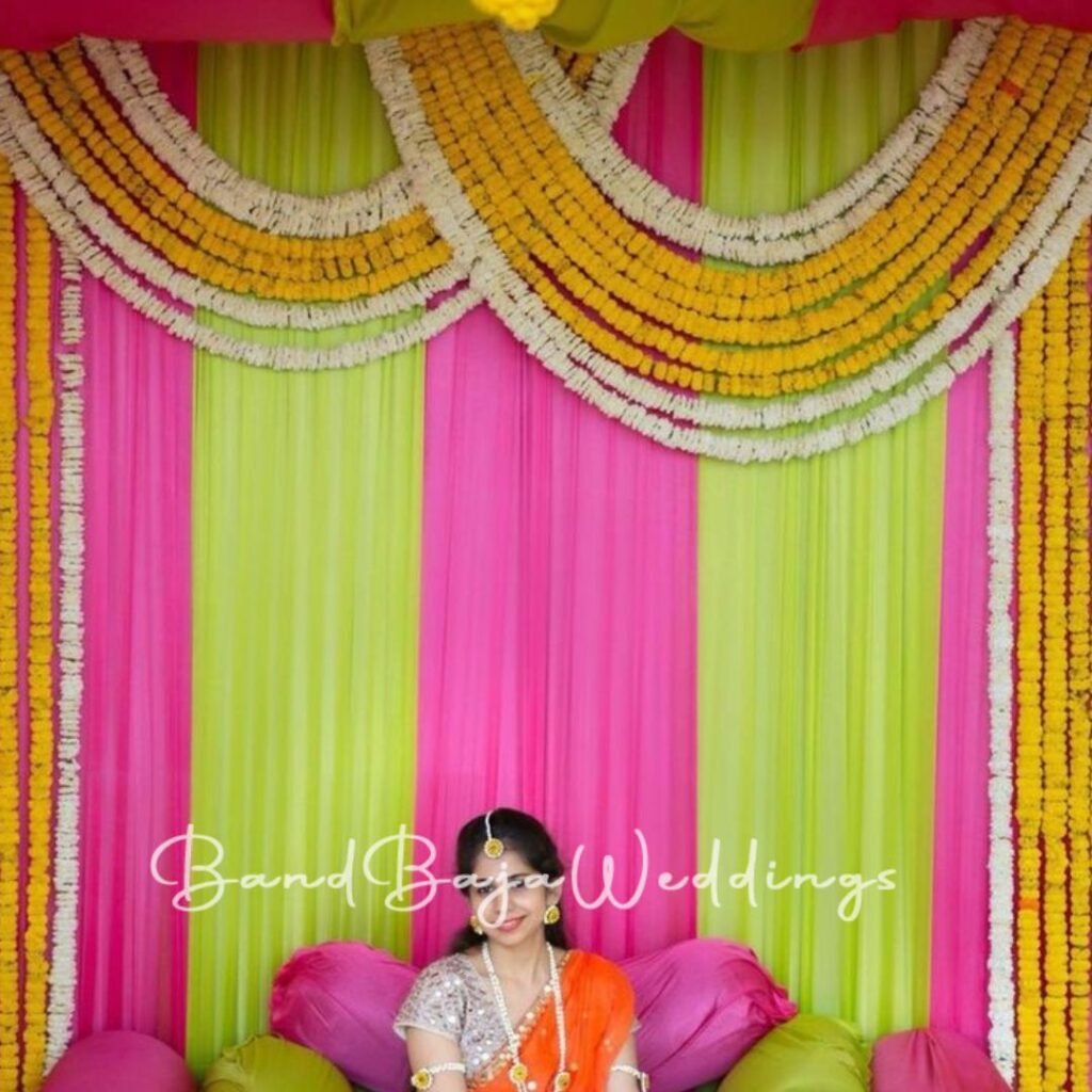Backdrop curtain- Green & rani pink combo - Band Baja Weddings