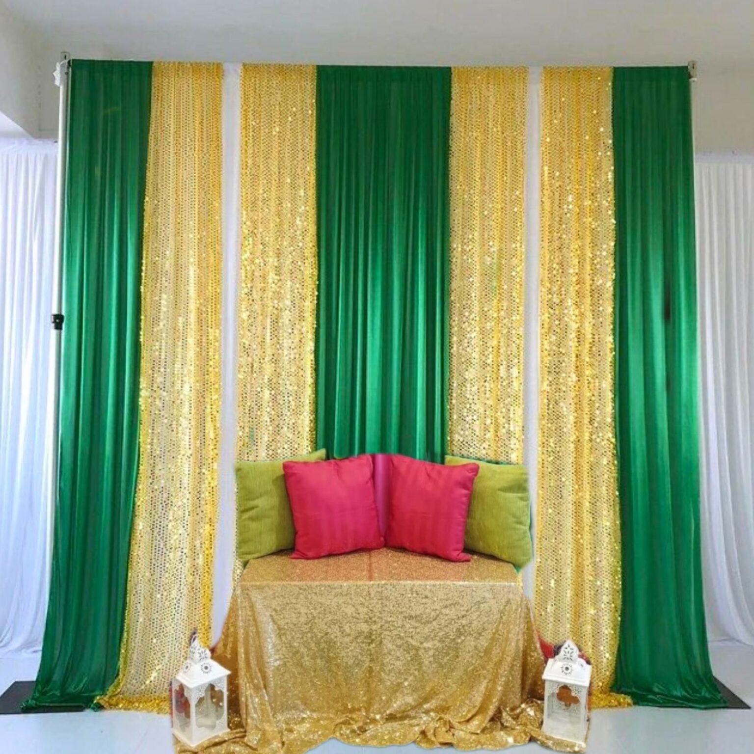 Gold sequin work drape -Mehndi function backdrop - Band Baja Weddings