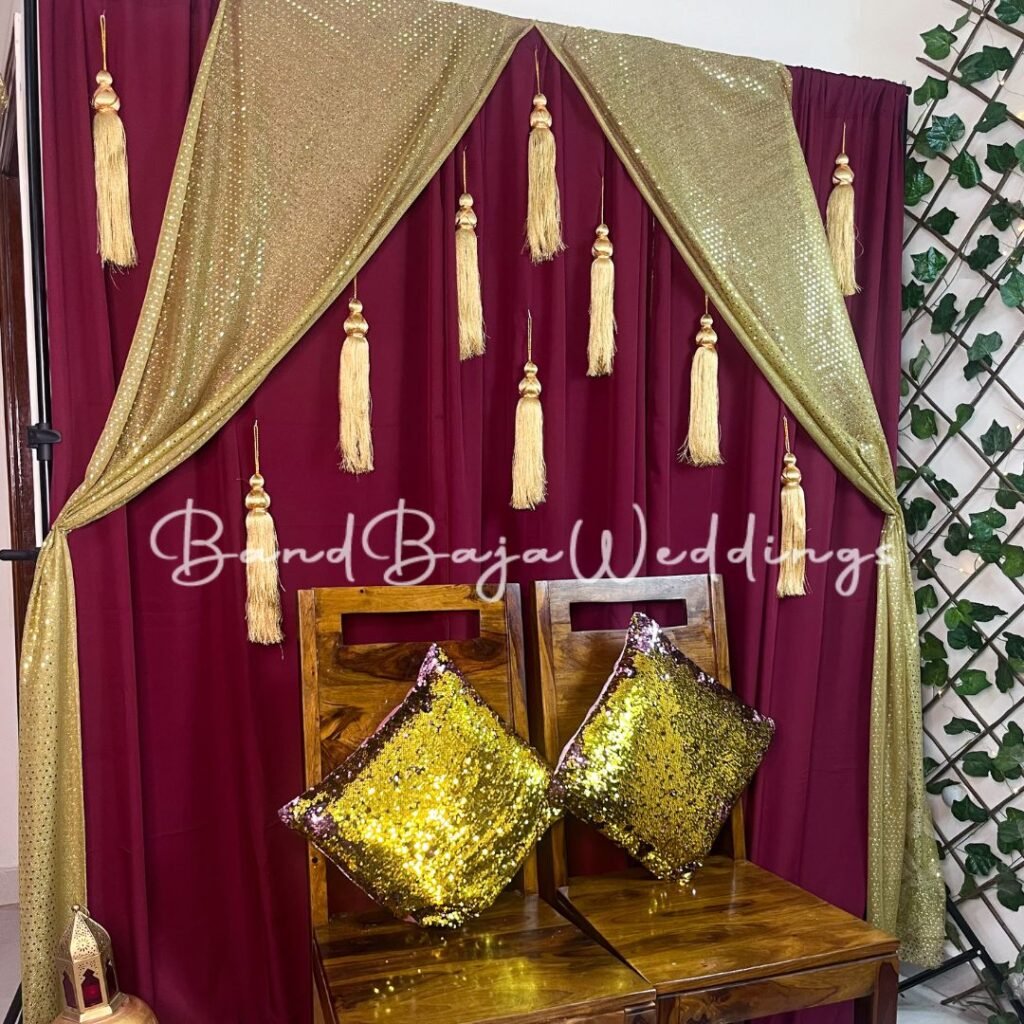 Maroon and gold royal backdrop decoration set - Band Baja Weddings