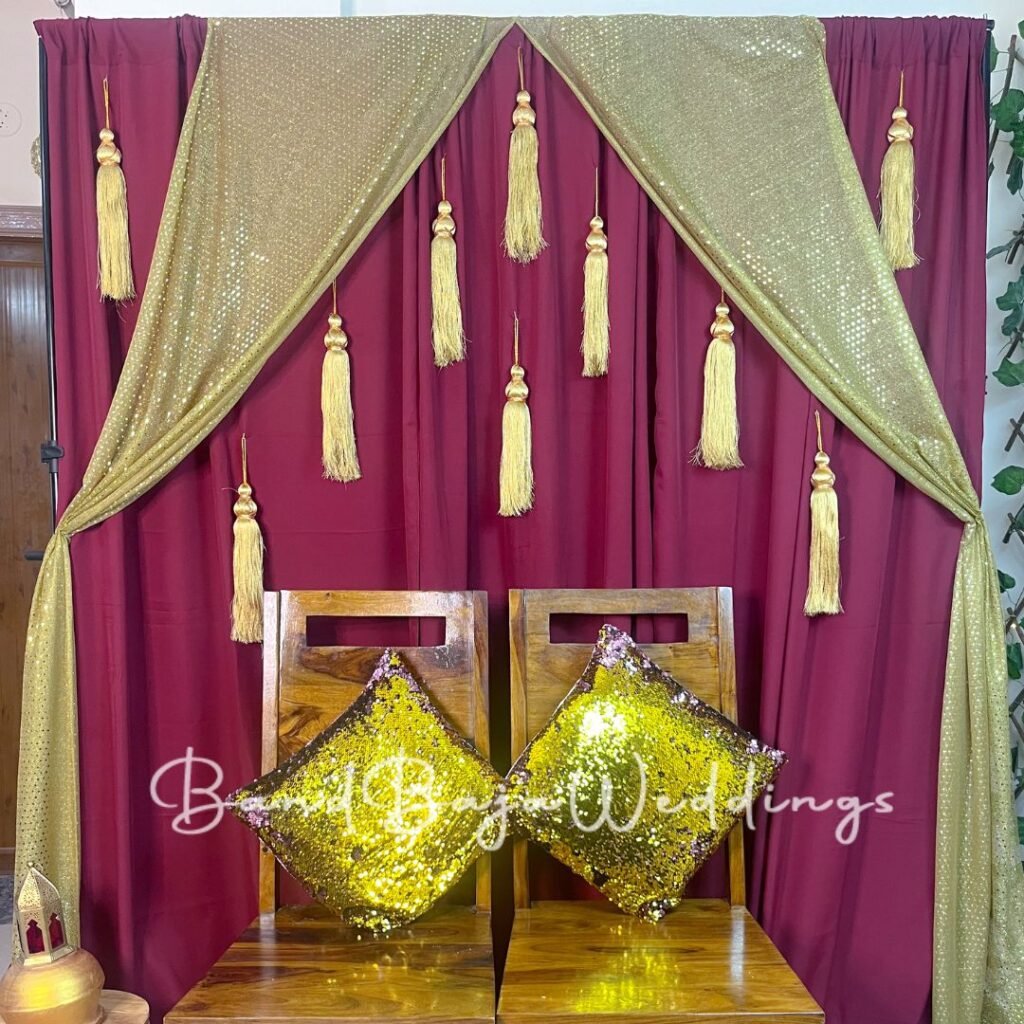 Maroon and gold royal backdrop decoration set - Band Baja Weddings