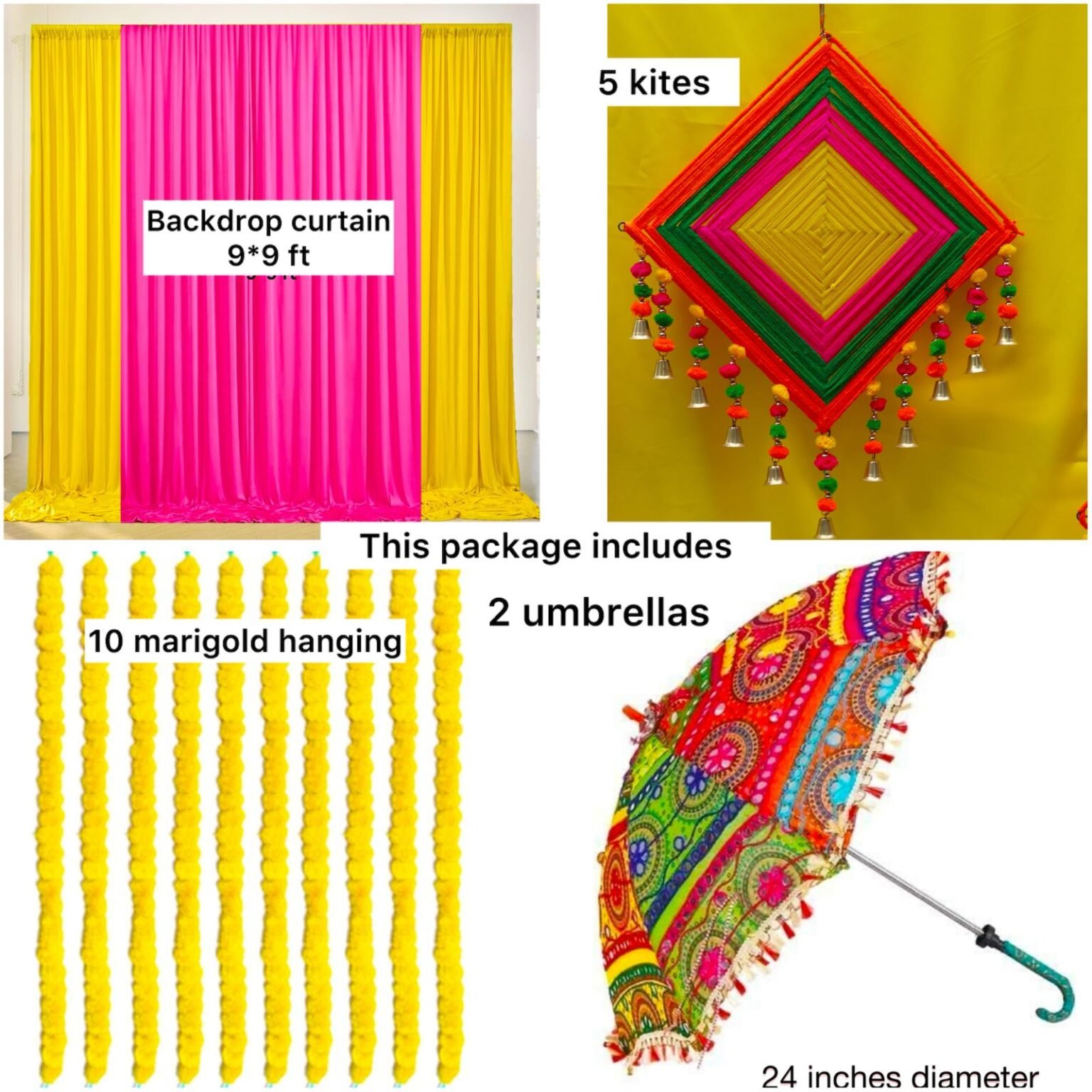 Haldi/Mehndi Backdrop decoration Kit (Backdrop curtains + Props ...